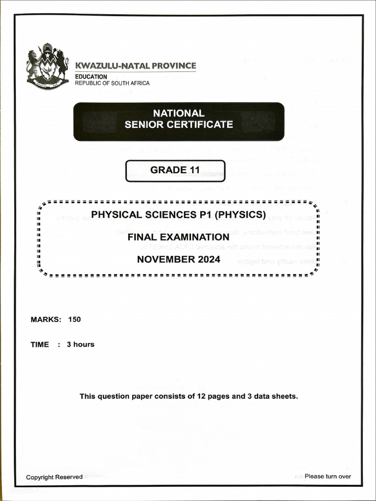 G11 Physical Sciences P1 Nov 2024 KZN QP Scanned by Farhad Akoo | PDF