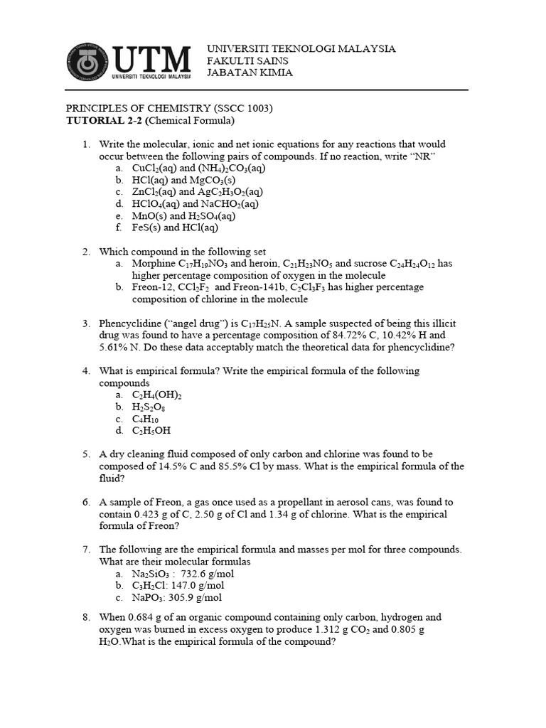 Tutorial 3b - Chemical Formula and Chemical Equation | PDF | Chemical Compounds | Molecules