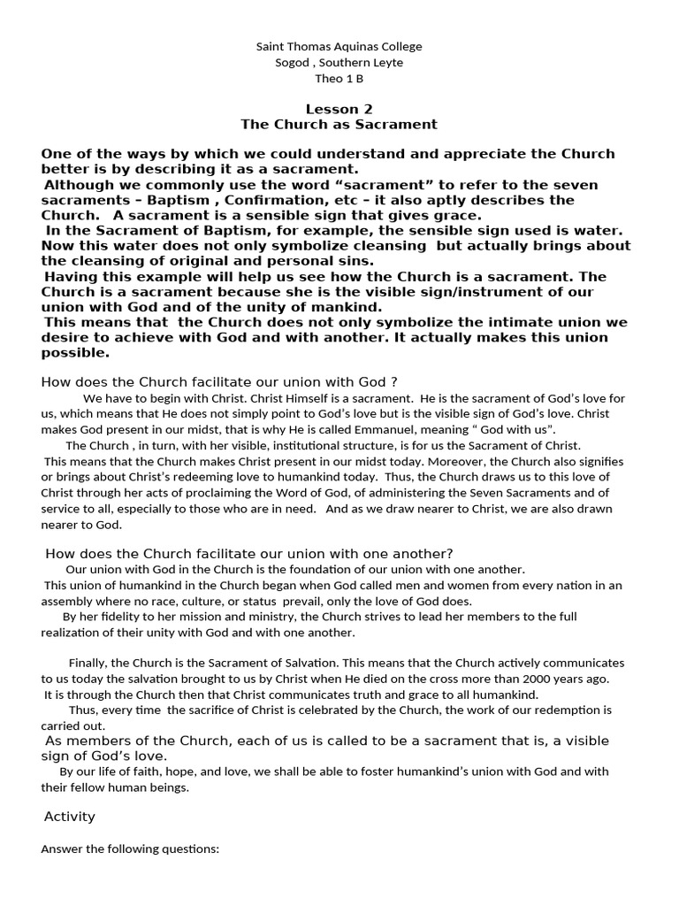 Theo 1 B 2 The Church As Sacrament | PDF | Sacraments | Salvation