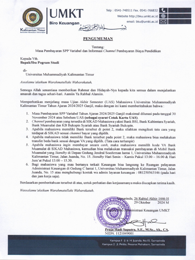 Pengumuman Masa Pembayaran SPP Variabel Dan Informasi Channel ...