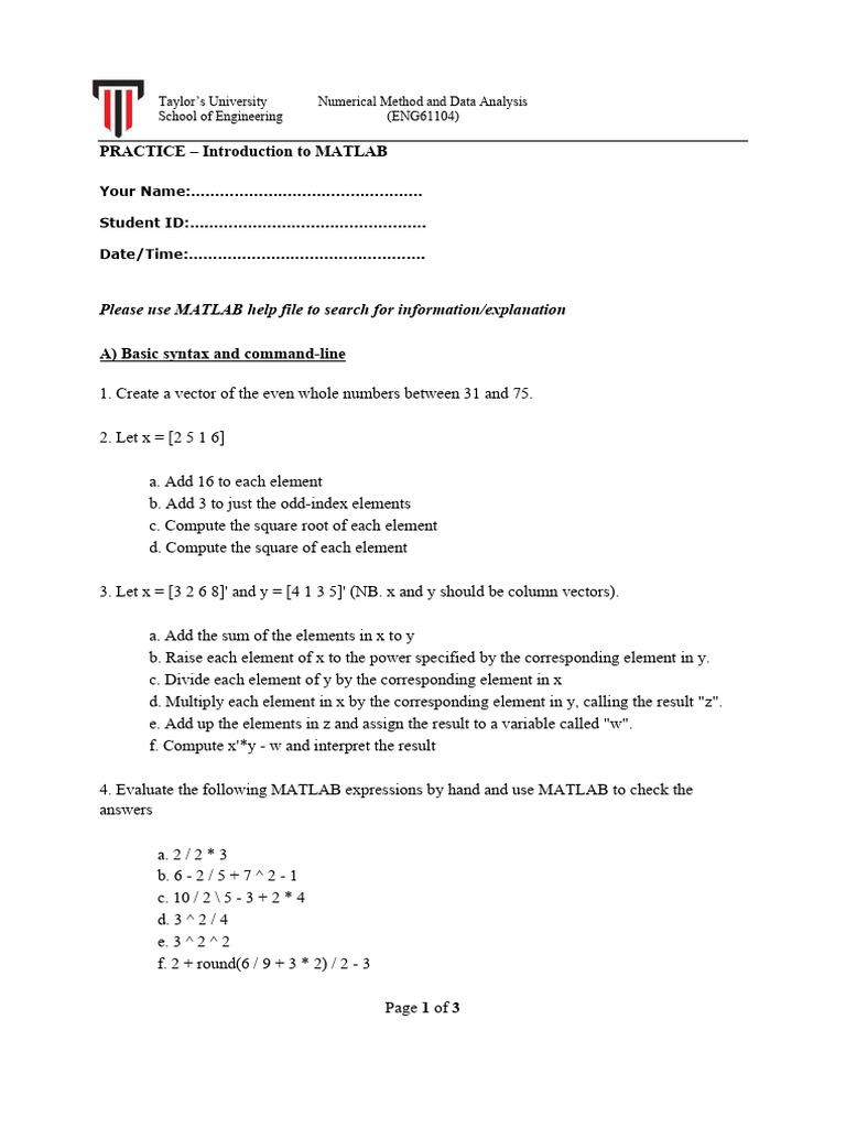 Tutorial 3 Handout. | PDF | Matrix (Mathematics) | Matlab Tutorial 3 Handout. | PDF | Matrix (Mathematics) | Matlab