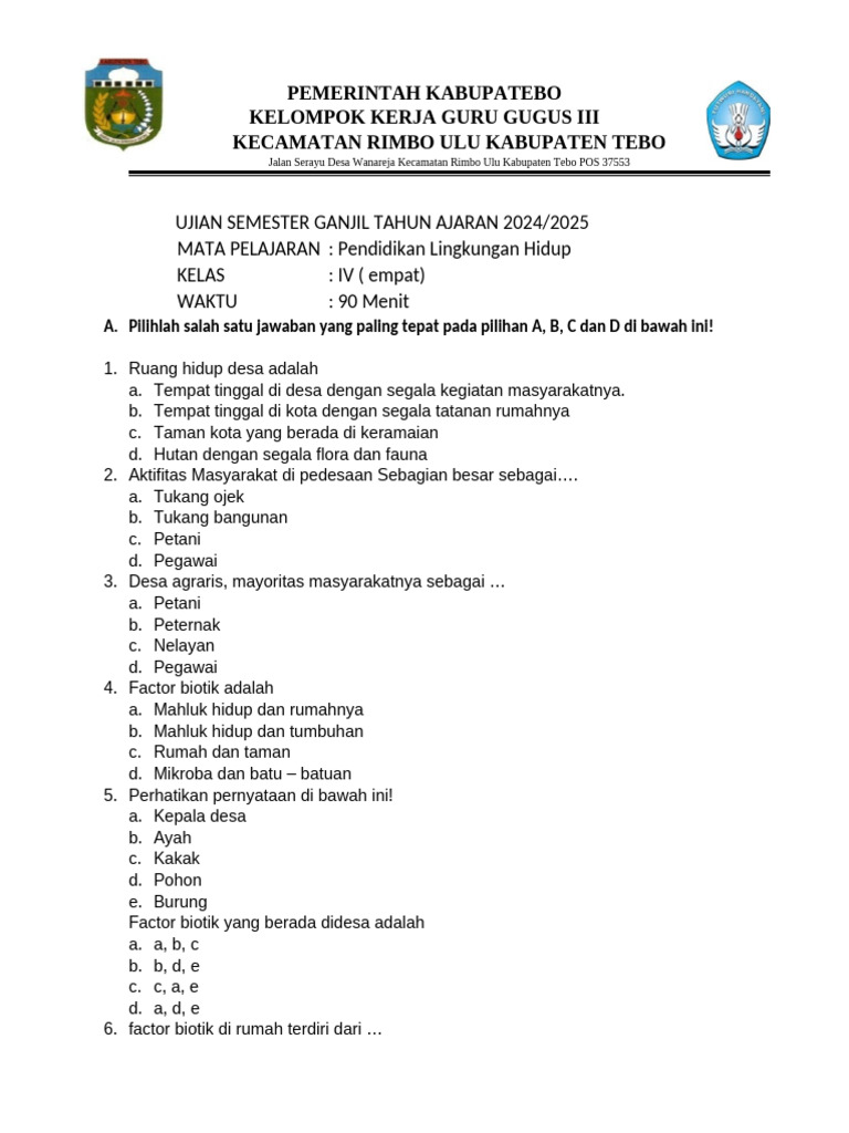 Soal PLH kelas 4 | PDF