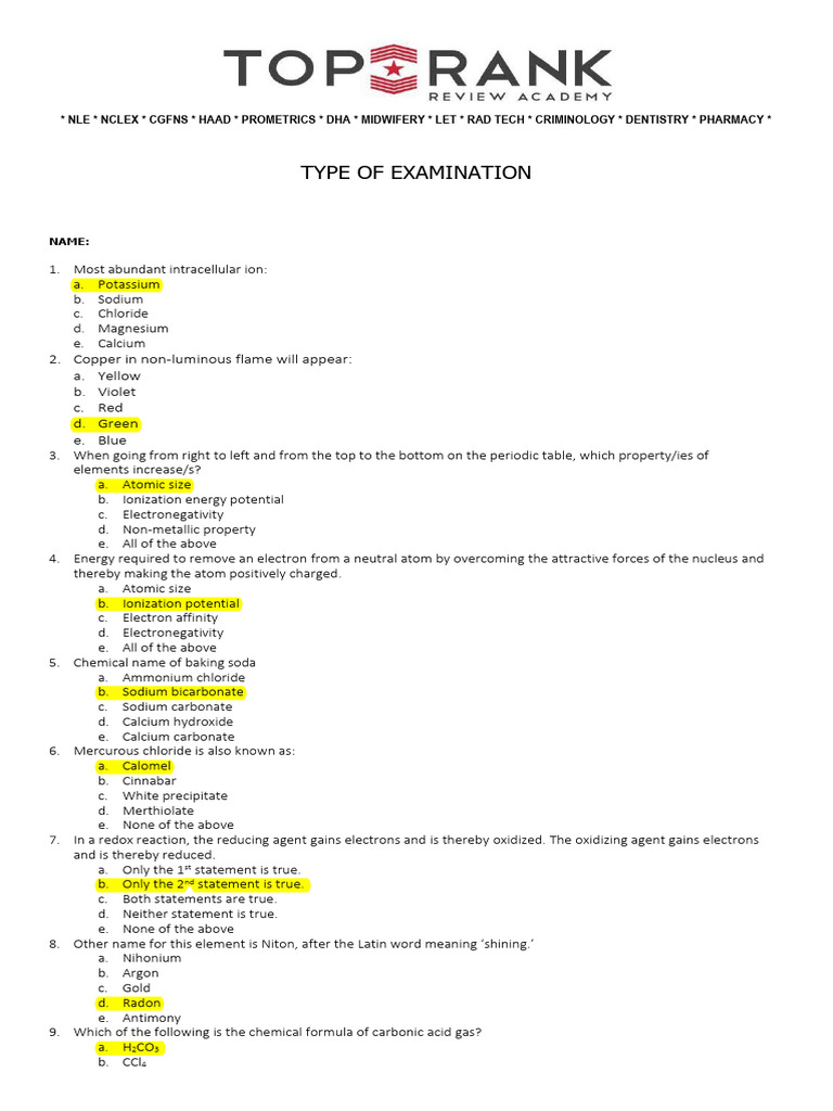 Toprank Preboard Exam Module 1 PHLE 2024 | PDF | Hydroxide | Salt ...