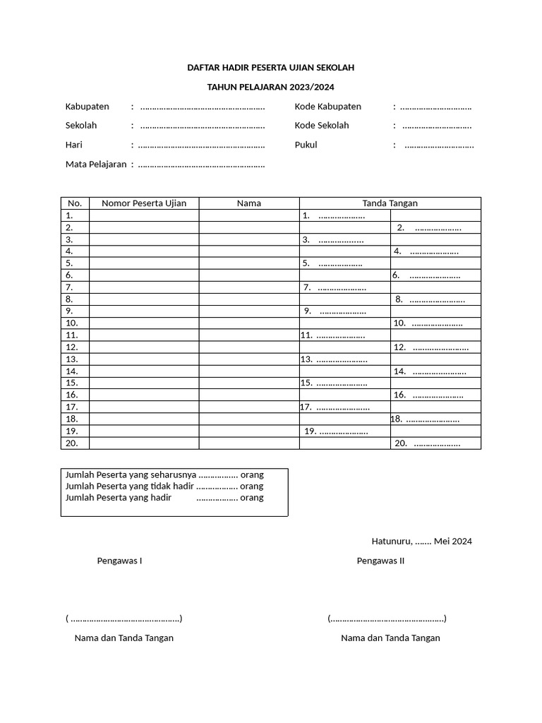 Daftar Hadir Peserta Ujian Sekolah | PDF