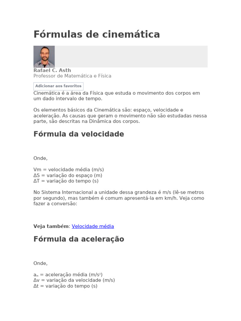 Fórmulas de Cinemática | PDF | Velocidade | Cinemática