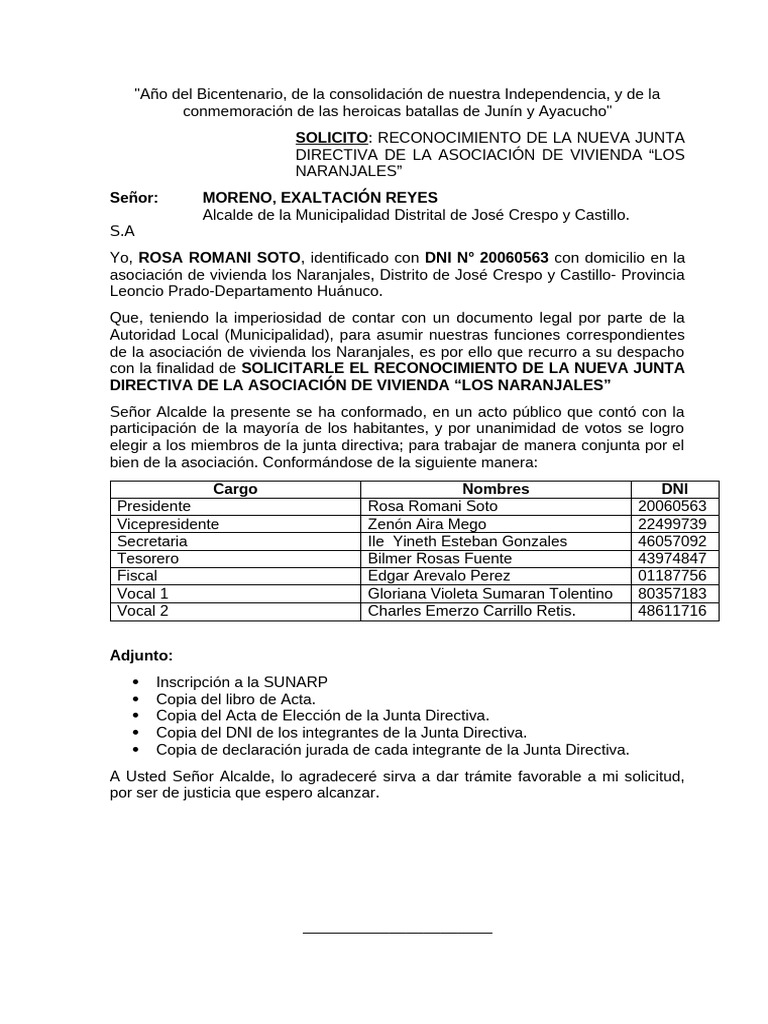 Solicito Reconocimiento de La Nueva Junta Directiva Rosa Romani Soto | PDF