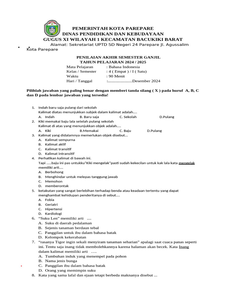 Soal Bahasa Indonesia Kls 4 SMTR 1. Nurhayati | PDF