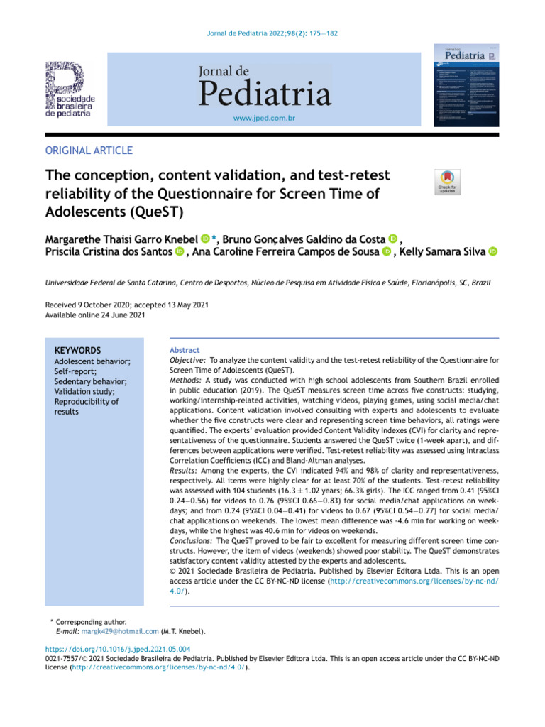 The Conception, Content Validation, and Test-Retest Reliability of The ...