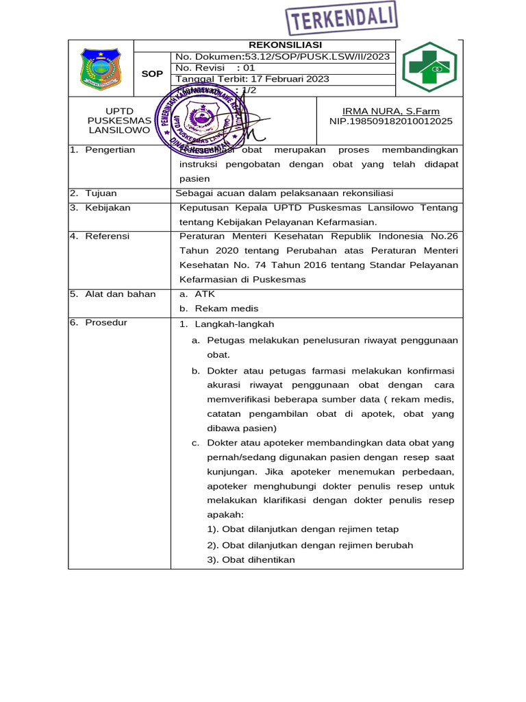 SOP Rekonsiliasi Obat Puskesmas Lansilowo | PDF