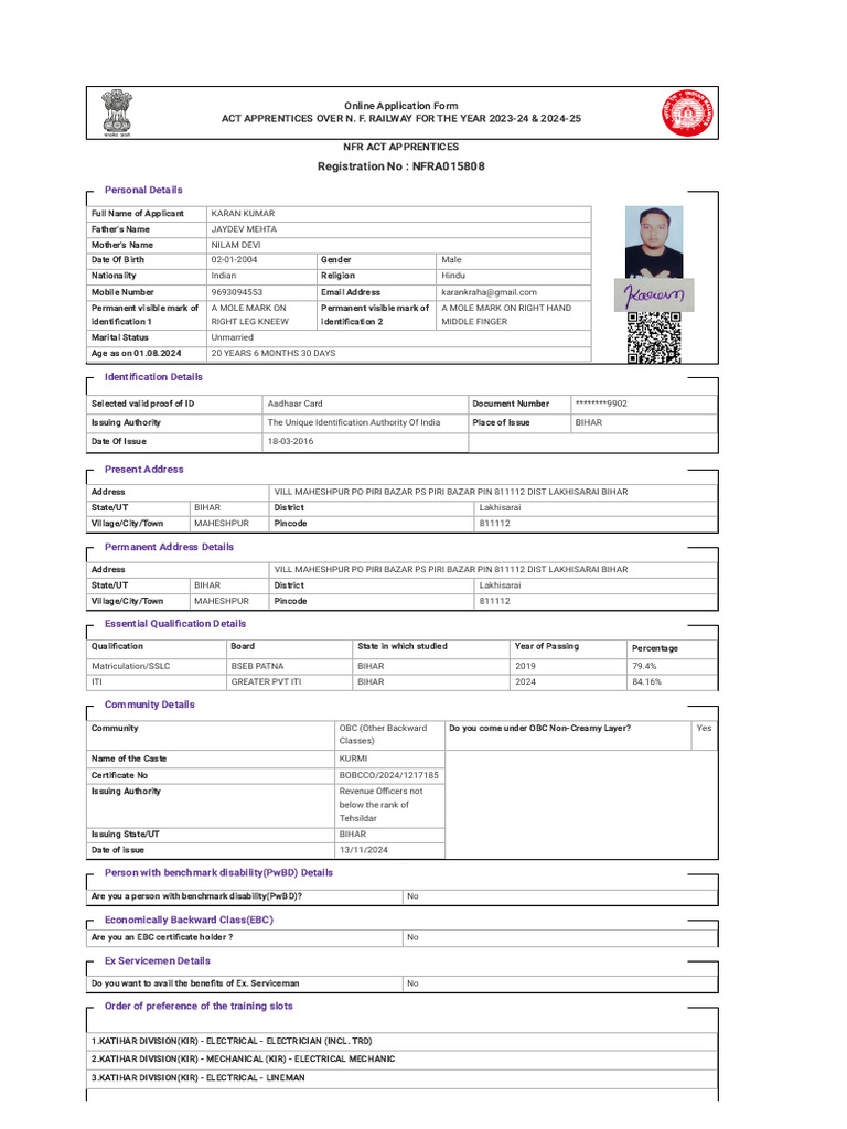 NFR Recruitment Application 2023-24 | PDF | Personal Identification ...