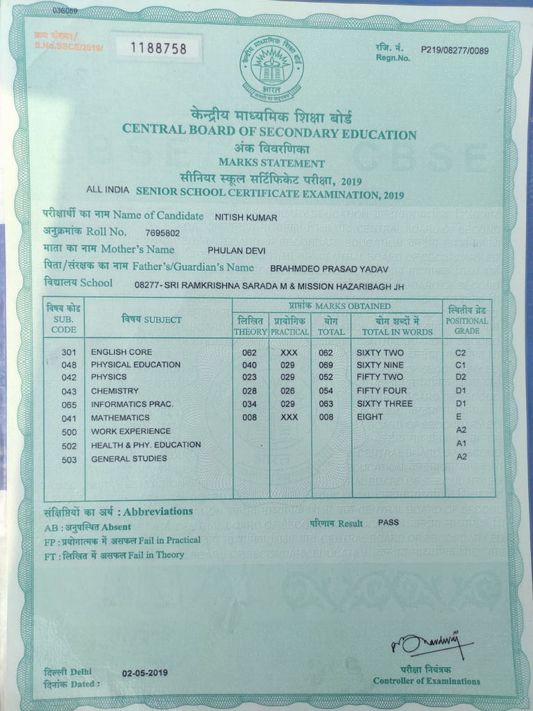 12th Marksheet | PDF