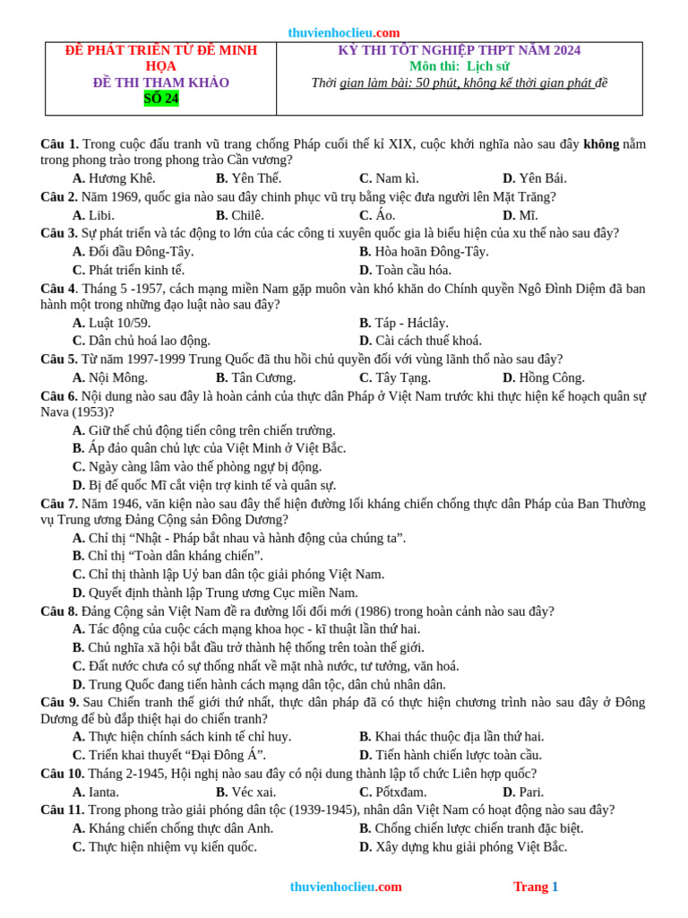 ĐỀ SỬ TN 24 | PDF