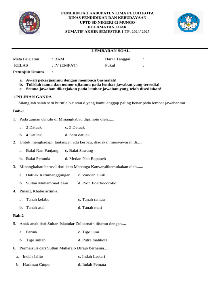 LEMBAR SOAL BAM SUMATIF AKHIR SEMESTER 1 KELAS 4 TP. 2023-2024 | PDF
