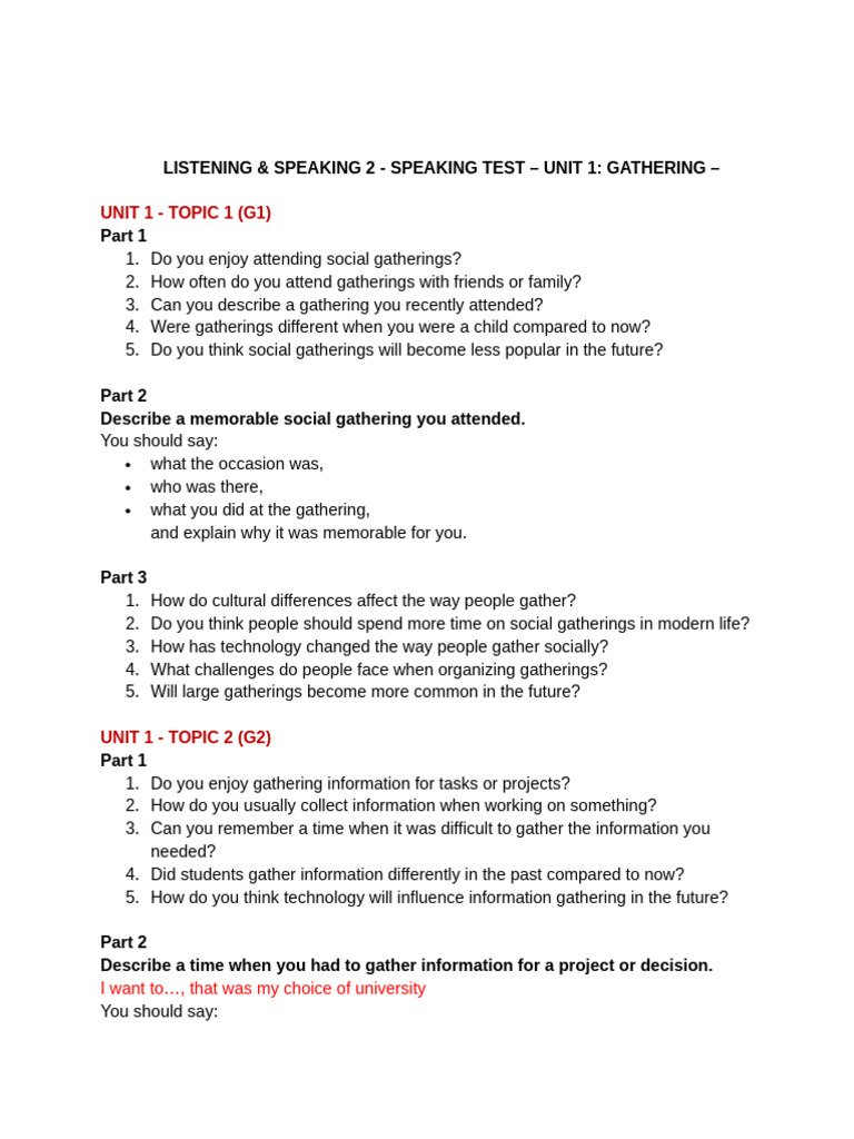 LISTENING & SPEAKING 2 _ SPEAKING TEST _ UNIT 1_ GATHERING | PDF ...
