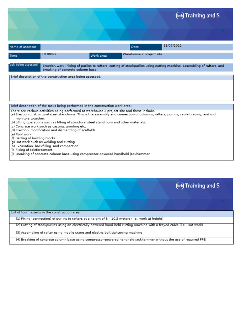 IOSH Risk Assessment Project | PDF | Personal Protective Equipment | Risk