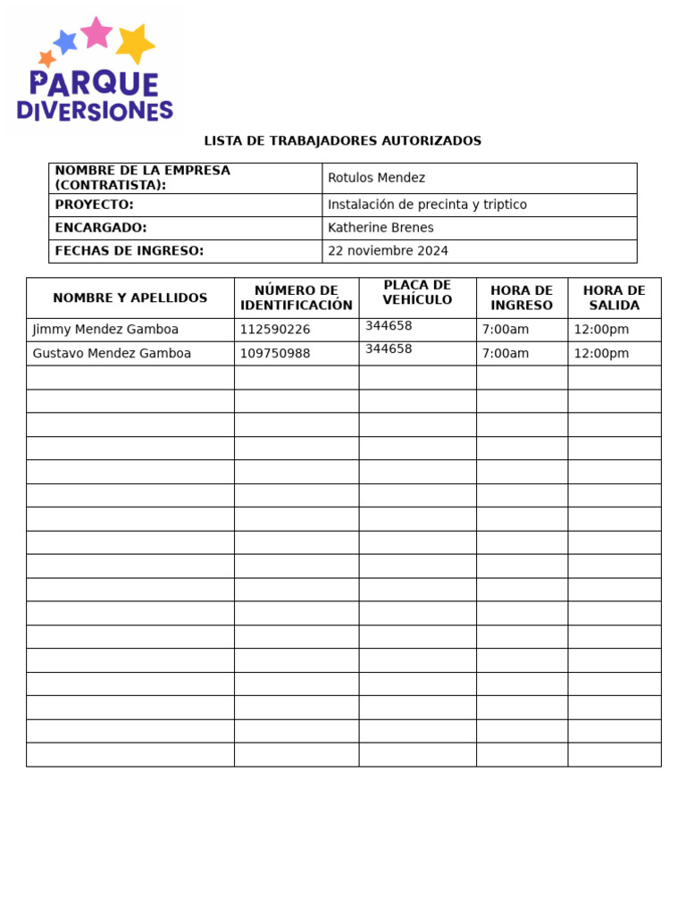 Formato Lista Personas Autorizadas Parque Diversiones - 1 | PDF