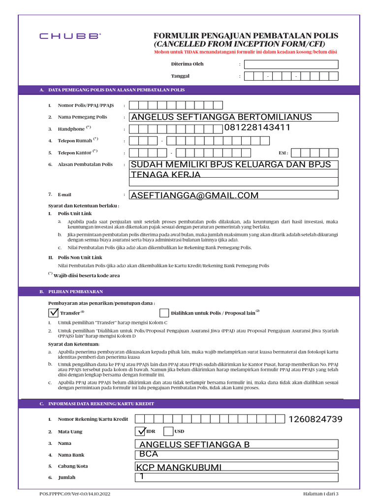 Formulir Pengajuan Pembatalan Polis atau Cancelled From Inception Form (CFI) | PDF