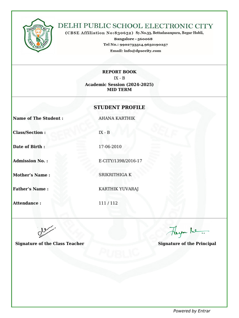Student Profile: Report Book Academic Session (2024-2025) Mid Term | PDF