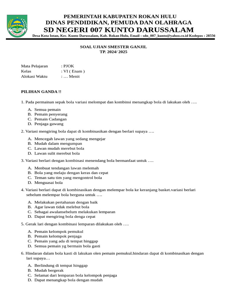 soal pjok kls 6 semester 1 | PDF