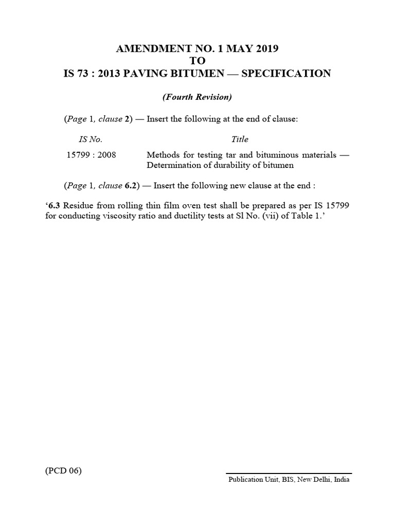 Amendment No. 1 May 2019 TO Is 73: 2013 Paving Bitumen - Specification | PDF