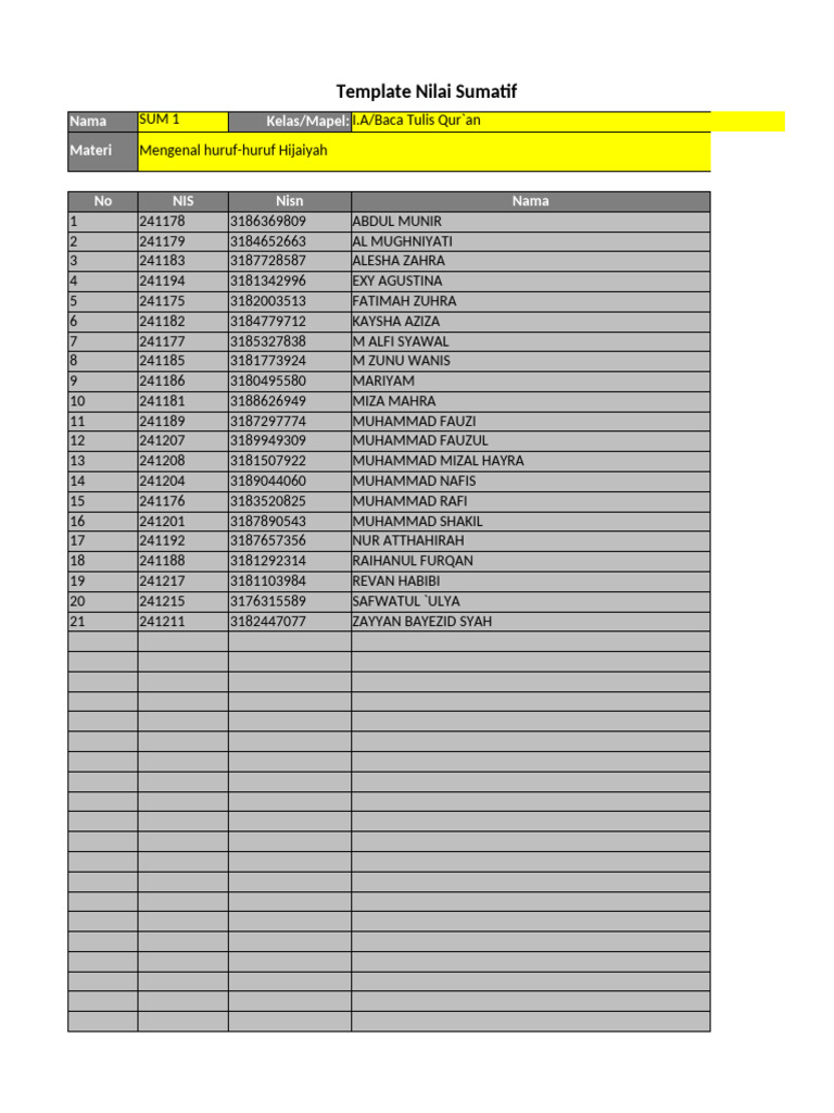 Template Nilai Sumatif-I.A-Baca Tulis Qur'an | PDF