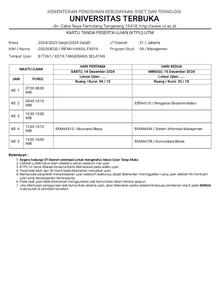 Jadwal Ujian UT 2024/2025 Ganjil | PDF