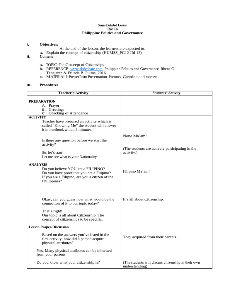 Lesson Plan in Citizenship | PDF | Citizenship