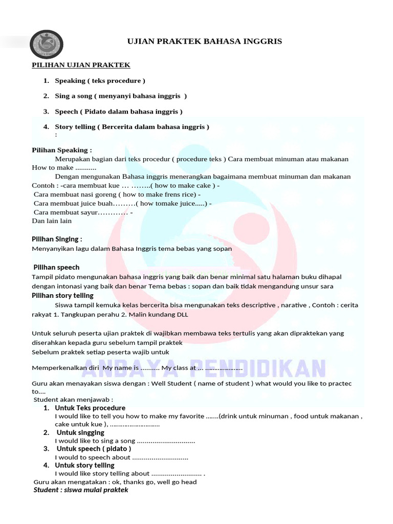 UJIAN PRAKTEK BAHASA INGGRIS KELAS | PDF