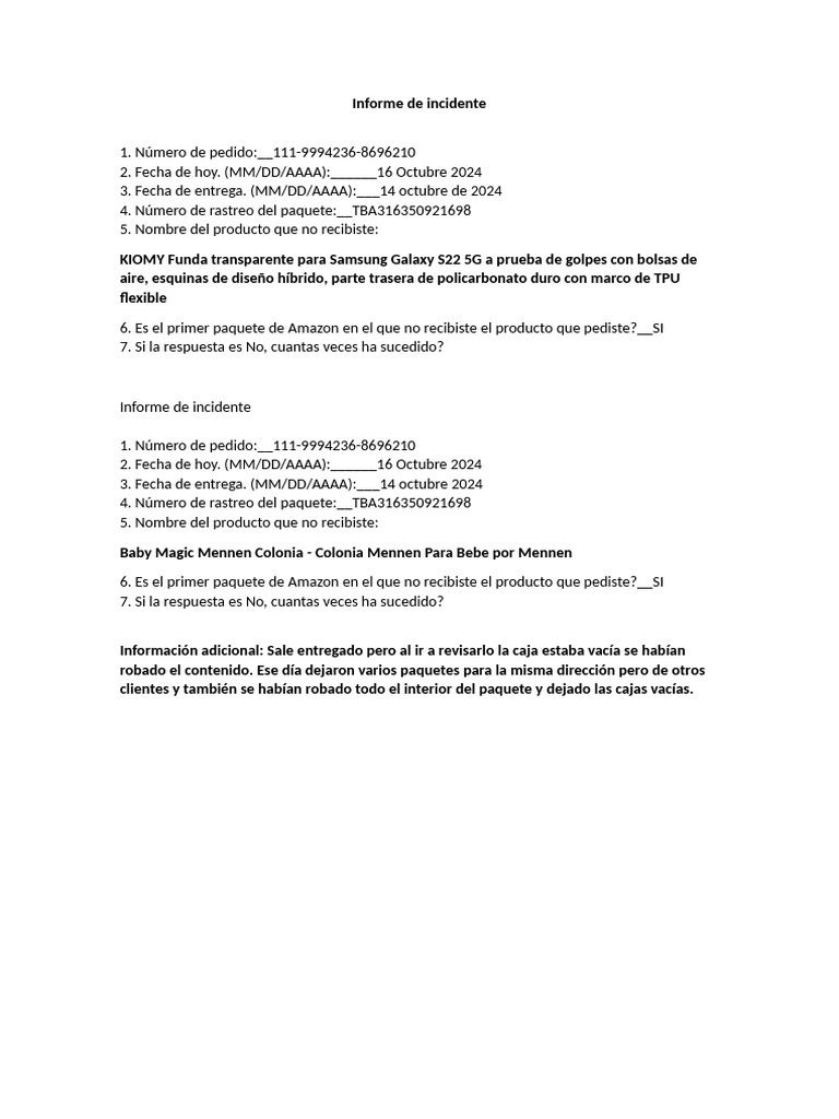 Formato incidente Amazon Edison Jami | PDF