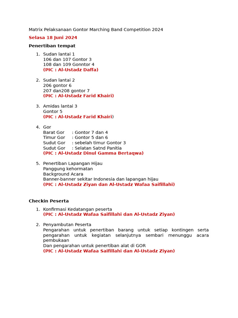 Matrix Pelaksanaan Gontor Marching Band Competition 2024 | PDF