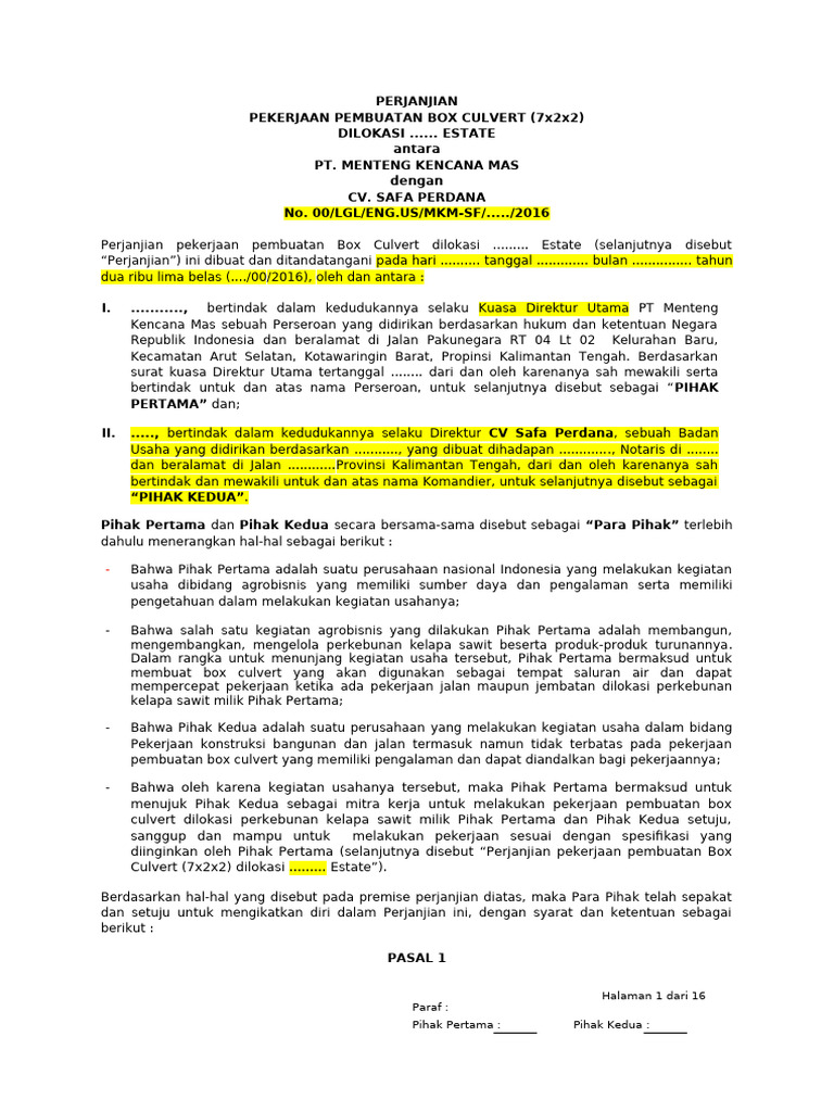 Perjanjian Pekerjaan Pembuatan 2 Unit Box Culvert 7x2x2 KTE PT MKM - CV Safa Perdana | PDF