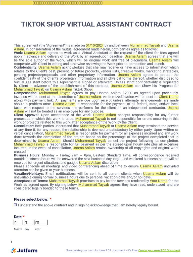 Virtual Assistant Contract Form | PDF | Payments | Business Law