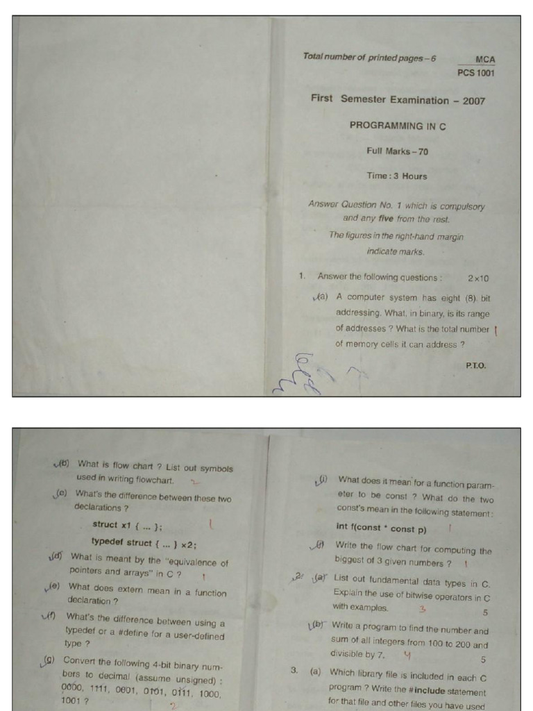 Mca 1 Sem Pcs 1001 Programming in C 2007 | PDF