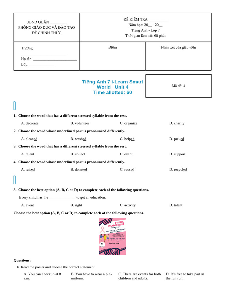 Tiếng Anh 7 I-Learn Smart World - Unit 4 - 4 | PDF