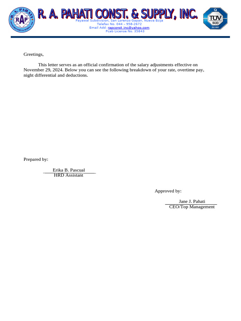 Salary Adjustment Memo - RAP | PDF