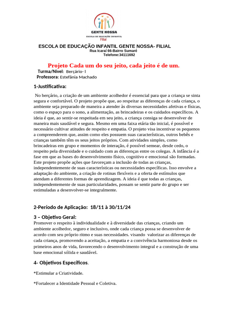 Projeto Cada Um do Seu Jeito | PDF | Aprendizado | Empatia