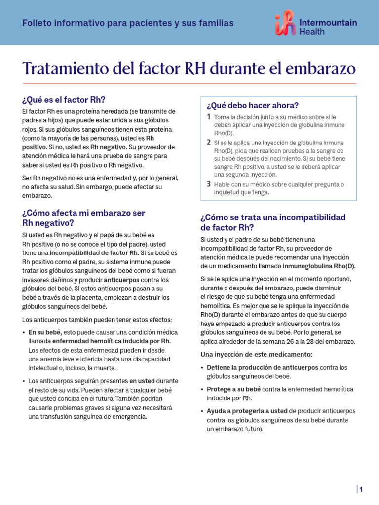 Rh Factor Treatment in Pregnancy Fact Sheet Spanish | PDF | Medicina ...