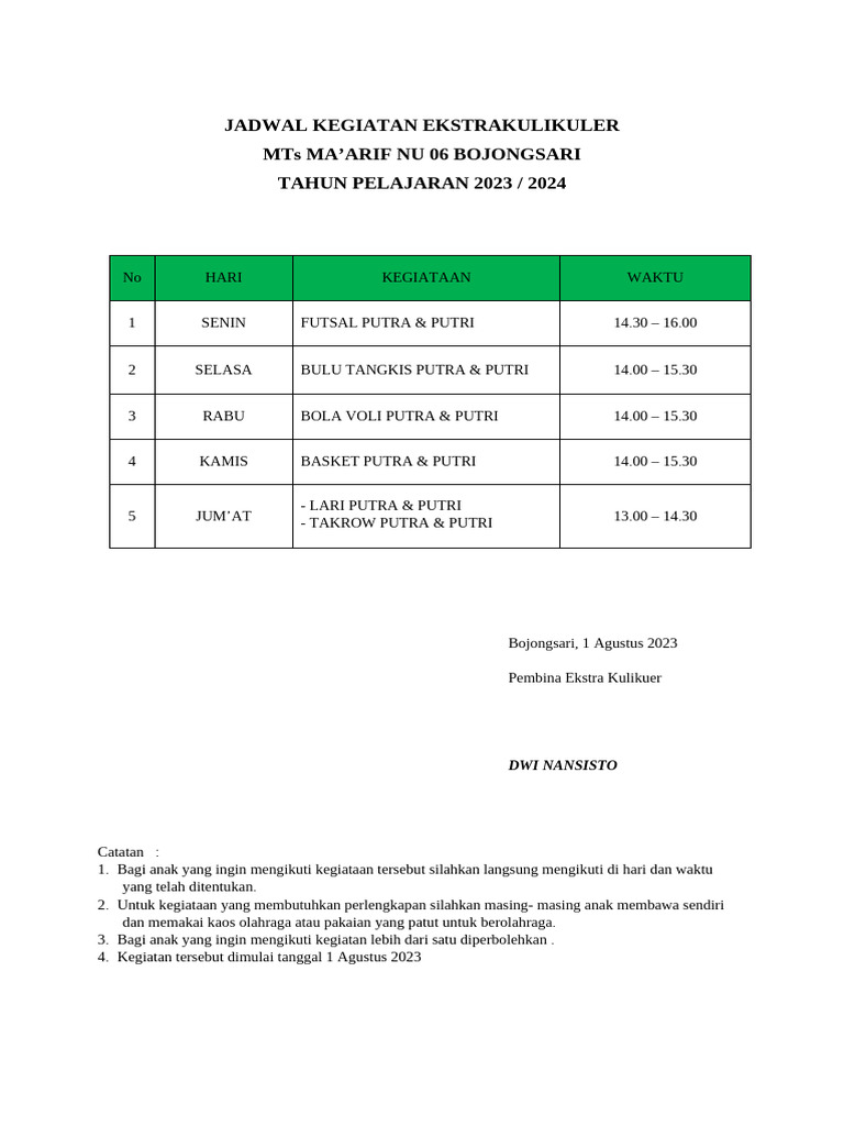 Jadwal Ekstrakurikuler MTs 2023/2024 | PDF