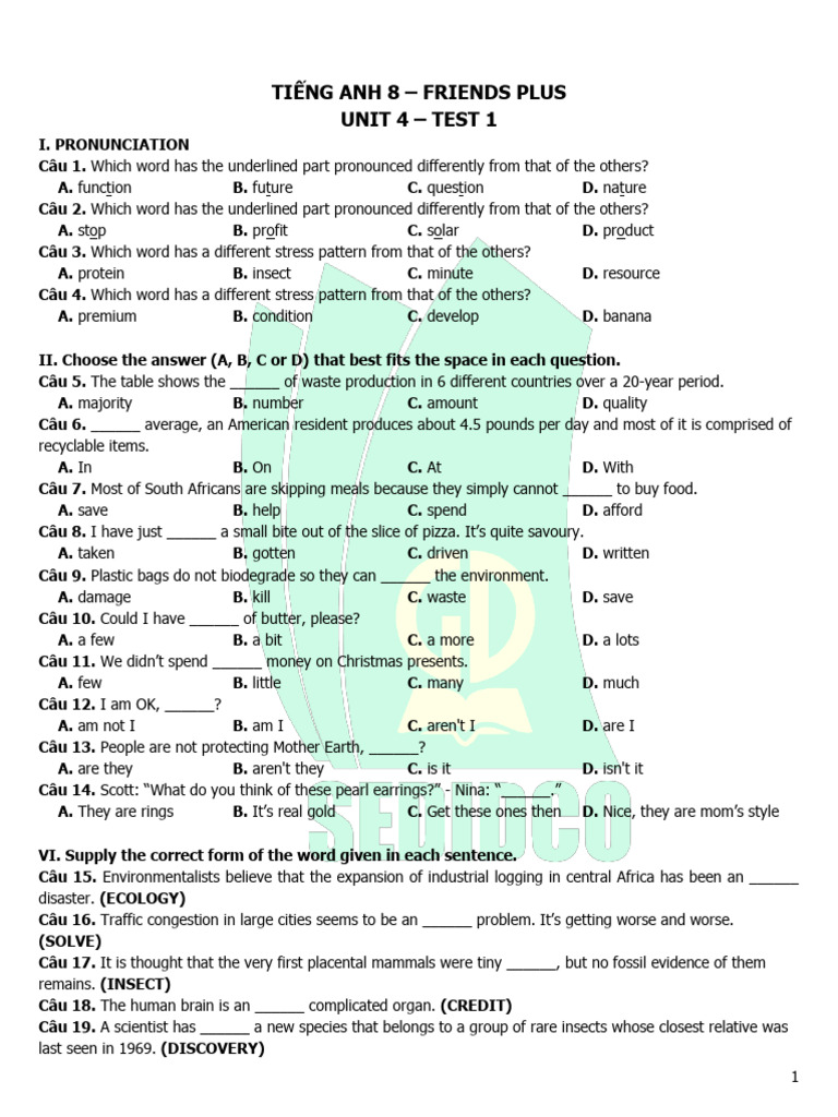 Tieng Anh 8 Friends Plus - Unit 4 - Test 1 | PDF | Natural Environment