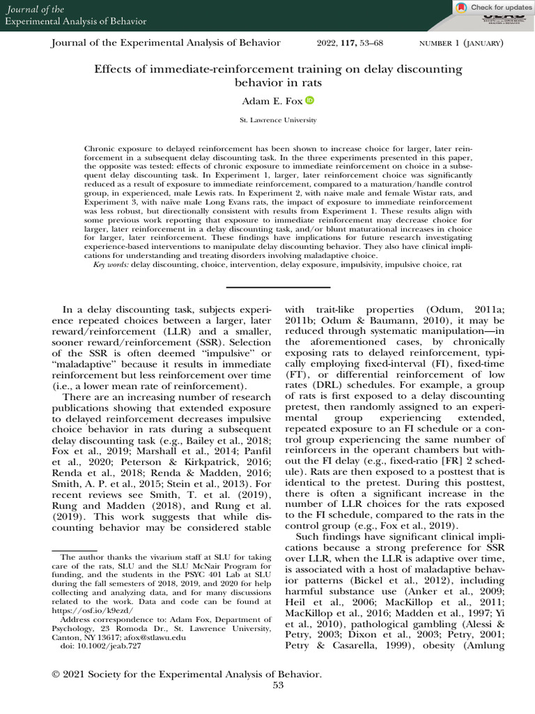 J Exper Analysis Behavior - 2021 - Fox - Effects of Immediate ...