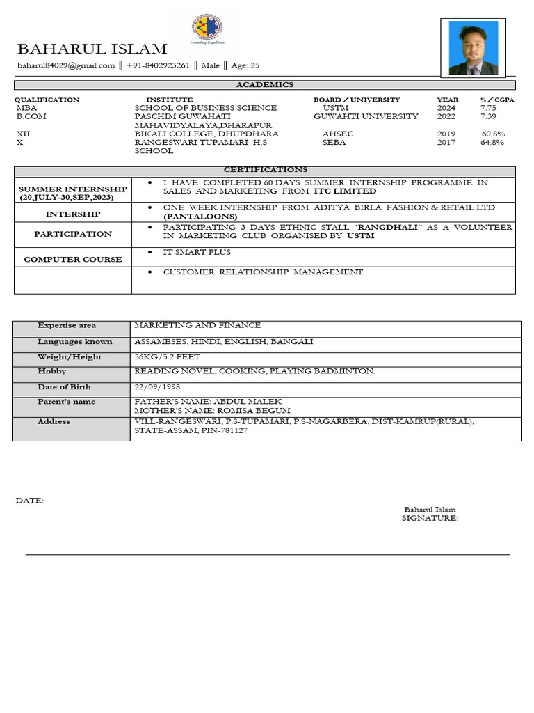 Baharul Islam's Academic and Internship Profile | PDF
