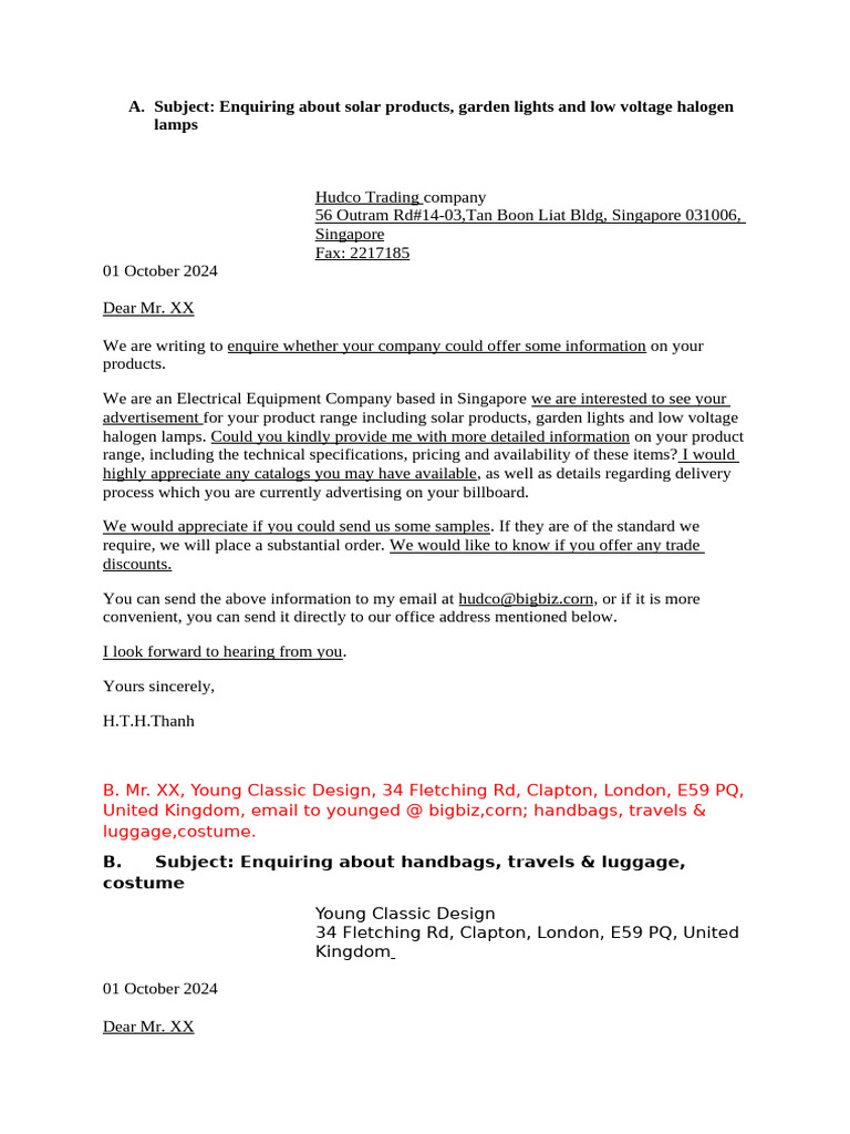 3 Enquiry Letters - Hà Thanh | PDF