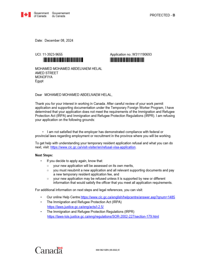 Work Permit Application Refusal Notice | PDF