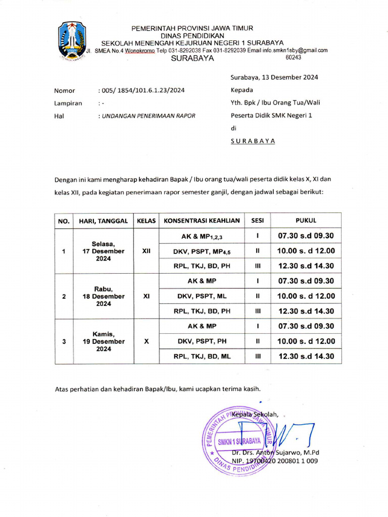Undangan Penerimaan Rapor 2024 | PDF