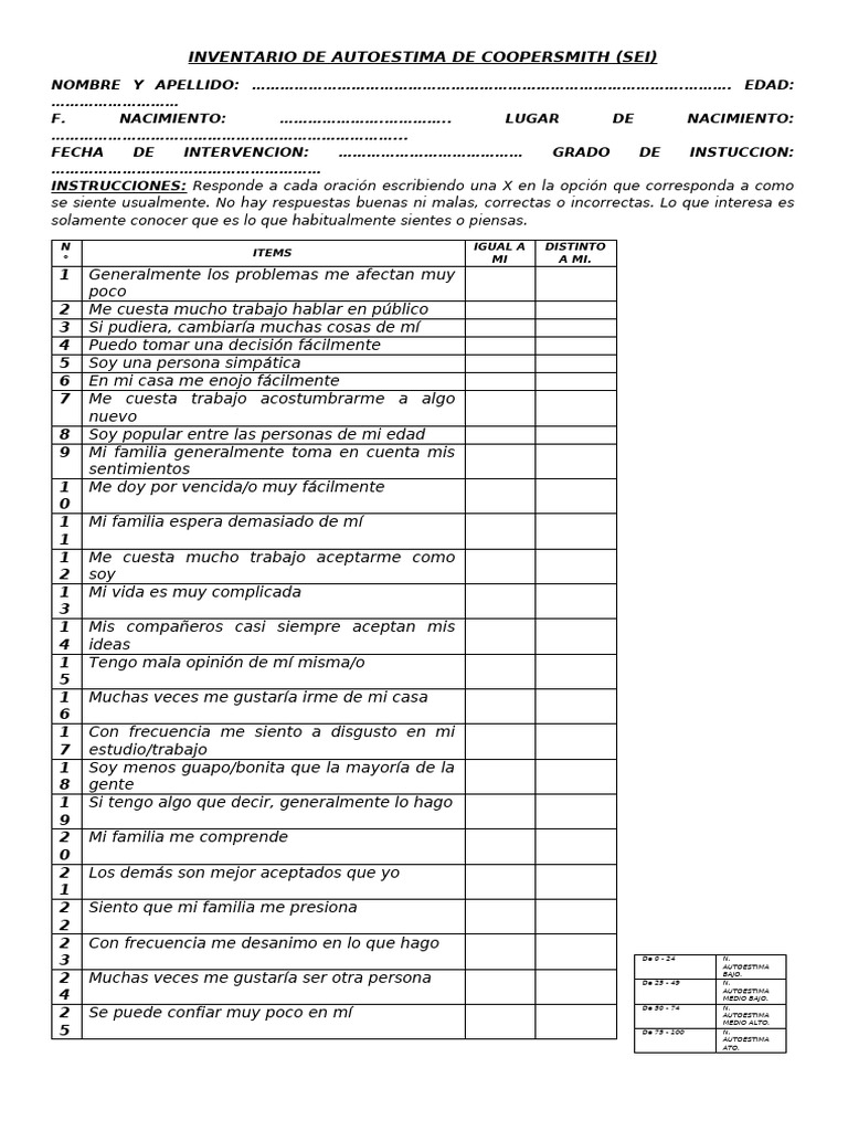 Inventario de Autoestima de Coopersmith | PDF