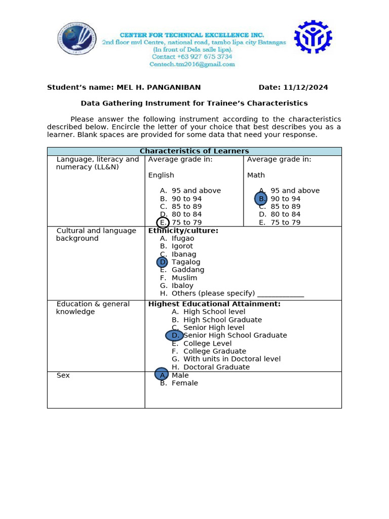 Data Gathering Instrument For Trainee's Characteristics | PDF | Welding ...