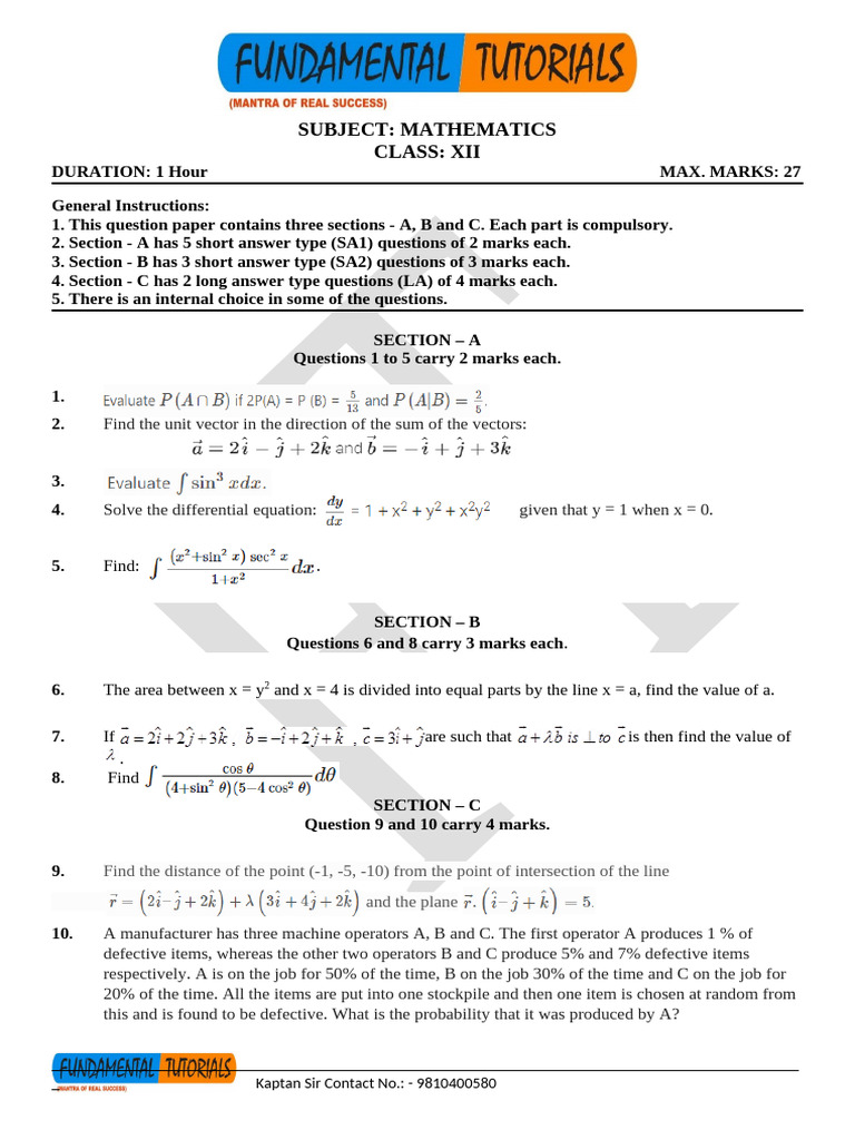 Class XII Math Exam Paper | PDF