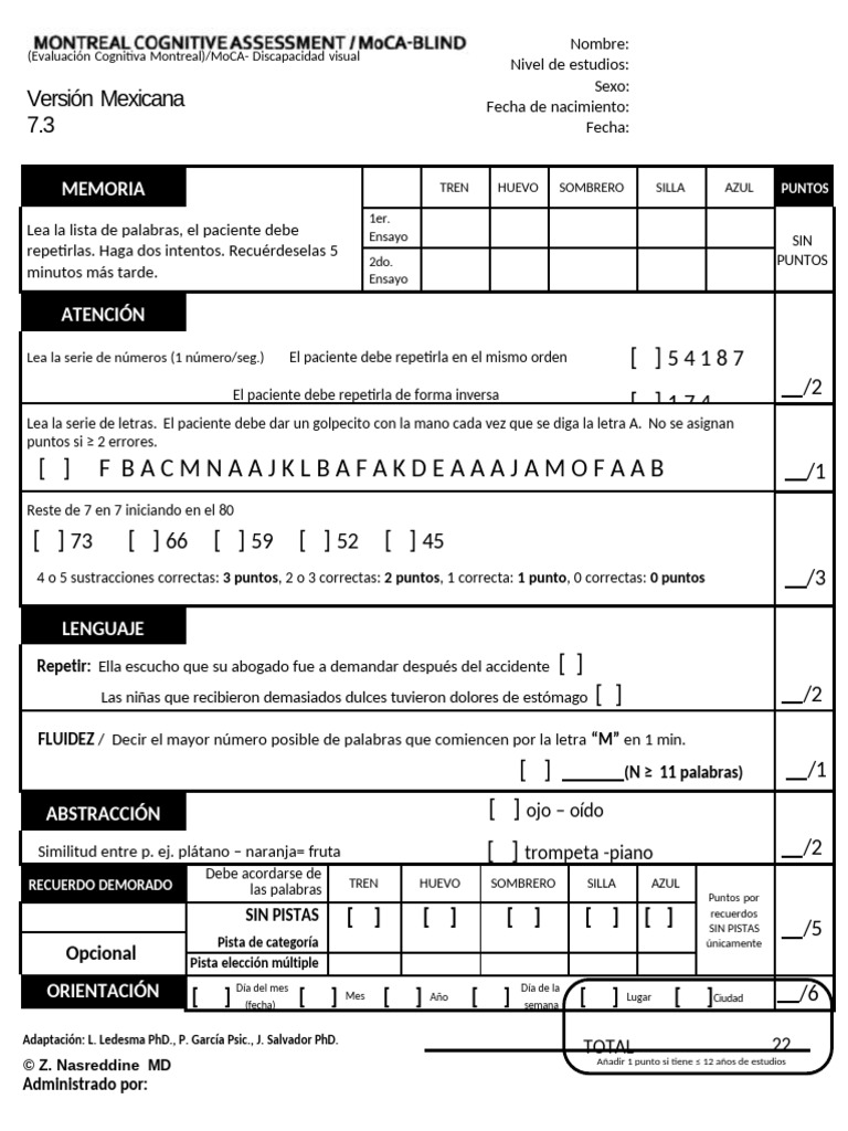 moca-test-spanish-73blind | PDF | Procesos mentales | Ciencia cognitiva