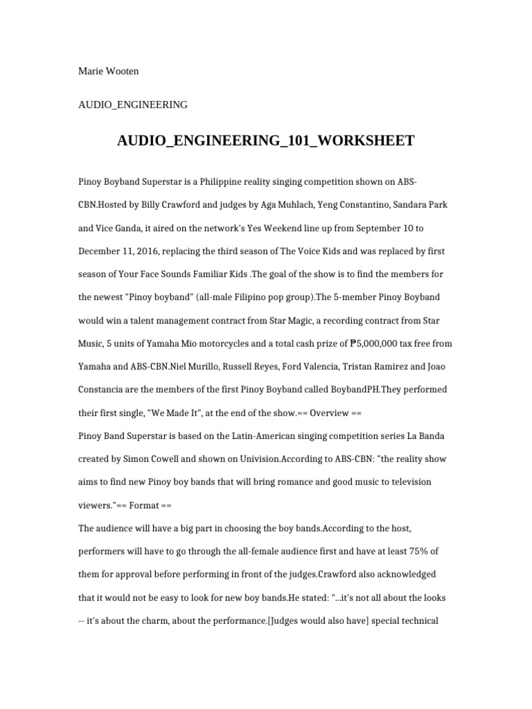 Audio Engineering 101 Worksheet | PDF | Television Shows