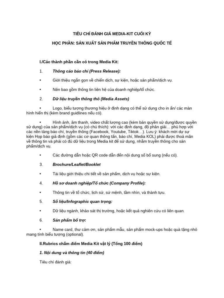Yeu Cau & Tieu Chi Danh Gia Media-Kit Mon SXSPTTQT | PDF